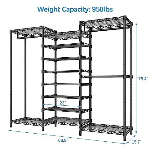 VIPEK S3 Heavy Duty Garment Rack Free Standing Clothes Rack Closet Storage Organizer Large Wardrobe with 6-Tier Shoe Rack, Hanging Rod, Adjustable Shelf, 68.9" L x 15.7" W x 76.4" H, Black