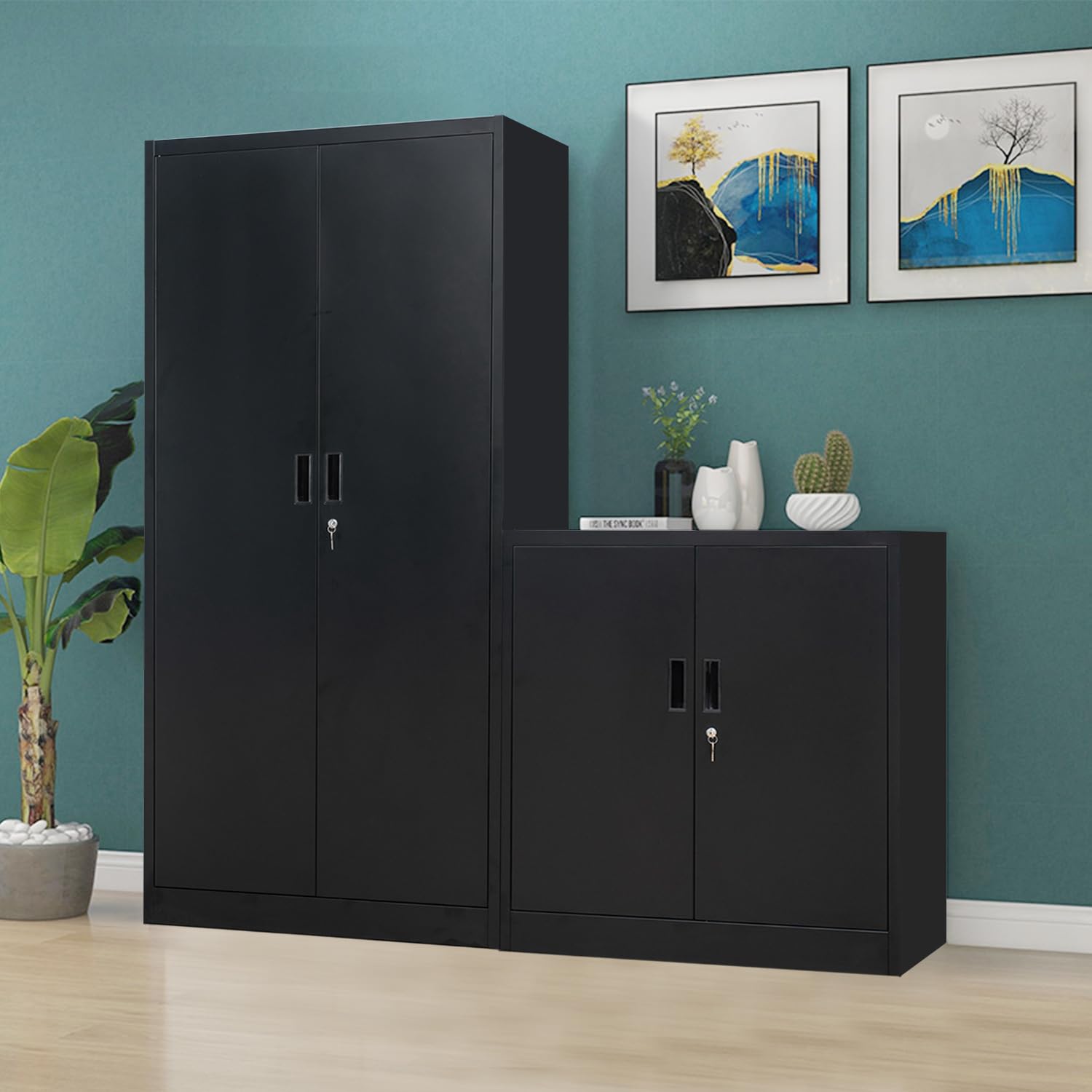 YEEZER Metal Storage Cabinet 71β with 2 Doors and 5 Adjustable Shelves, Garage Steel Locking Cabinet, Tall Cabinets Lockable File Cabinet for Home, Office, Garage, Gym, School. (Black)