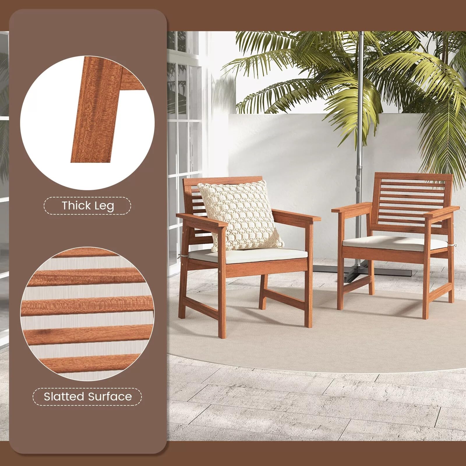 VcJta Solid Wood Outdoor Dining Chairs Set with 2 Comfortable Cushions - Patio Seating Furniture