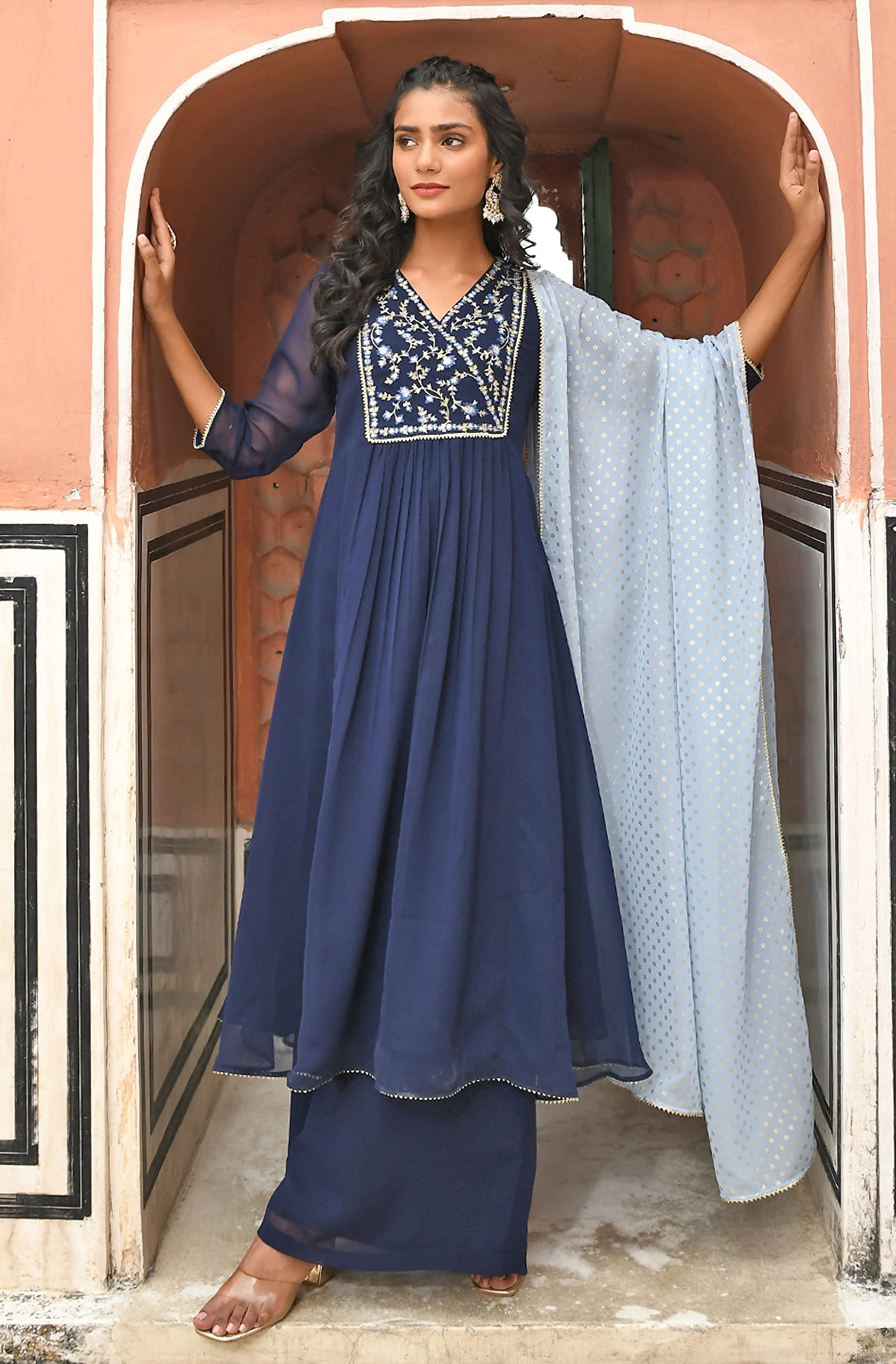Janasya Indian Women's Navy Blue Georgette Embroidered Kurta with Flared Palazzo and Dupatta