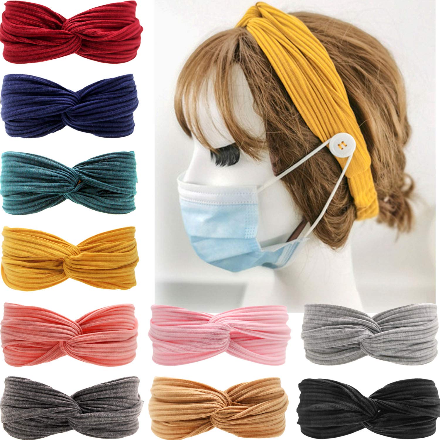 JOYOYO Headband with Buttons for Face Mask,10Pcs Nursing Headbands with Buttons for Mask,Headbands for Women Knotted Boho Stretchy Hair Bands,Work out Elastic Headband for Women,Doctors Saving Ears