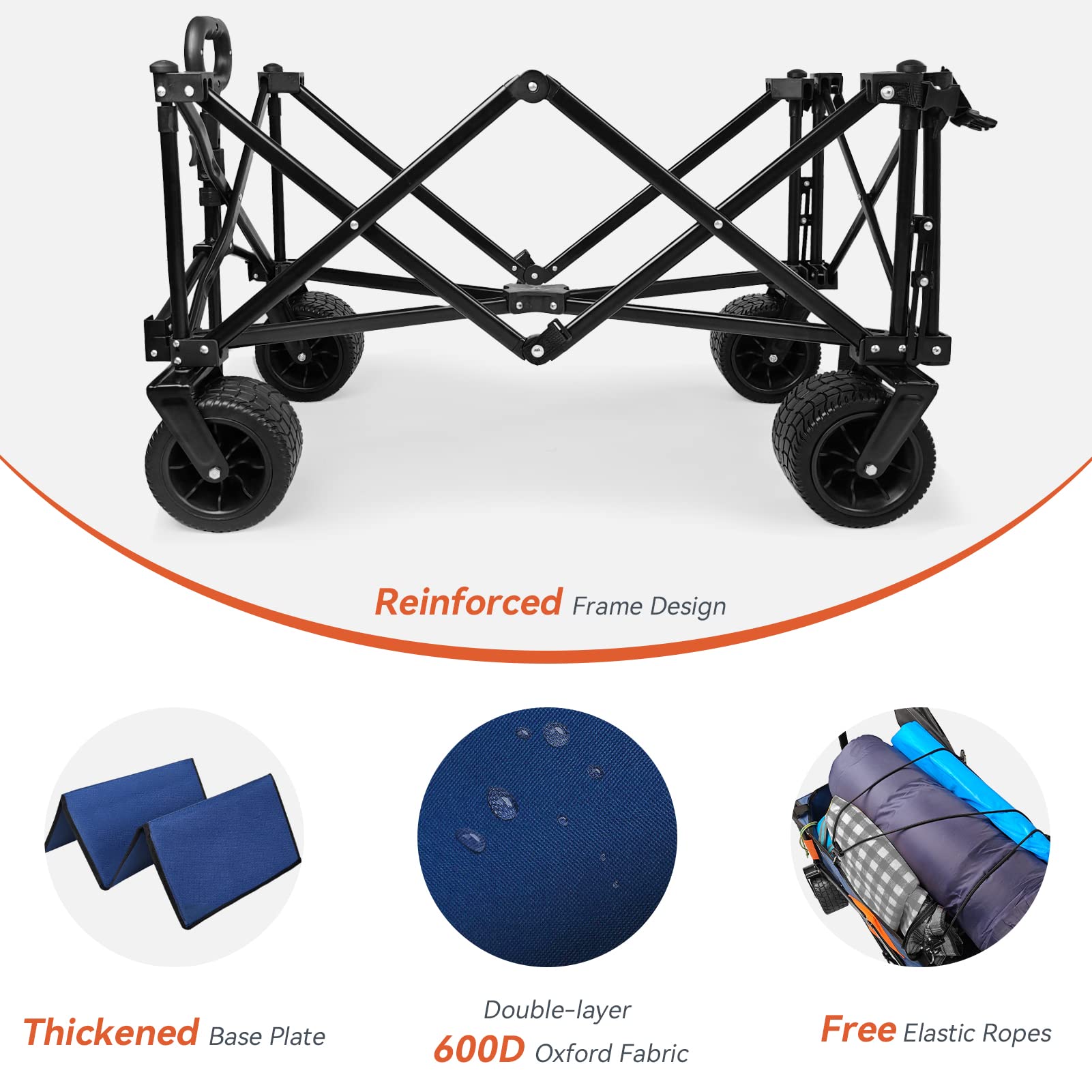 Kalrin Collapsible Folding Wagon, 220lbs Portable Large Capacity Beach Wagon Cart with Opened Tailgate, Heavy Duty Utility Wagon with All-Terrain Wheels and Elastic Rope for Camping, Sports, 200L