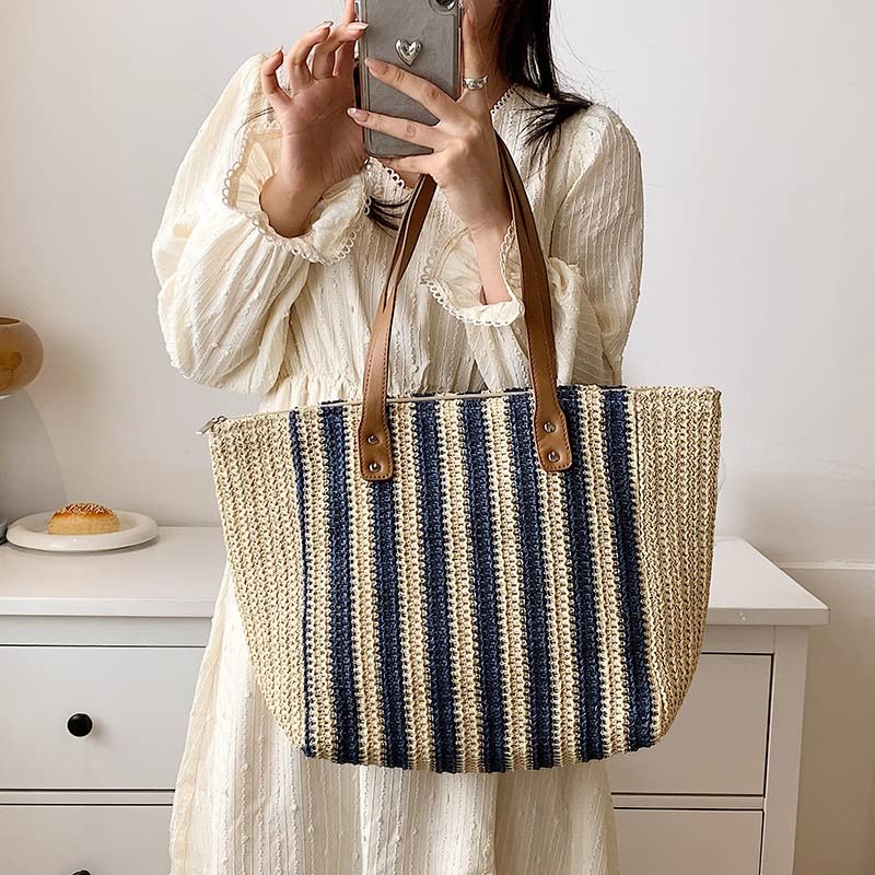 N/A Summer Striped Straw Bag Women Woven Shoulder Handbag Rattan Handmade Beach Bag Large Capacity Totes (Color : B, Size : One Size)