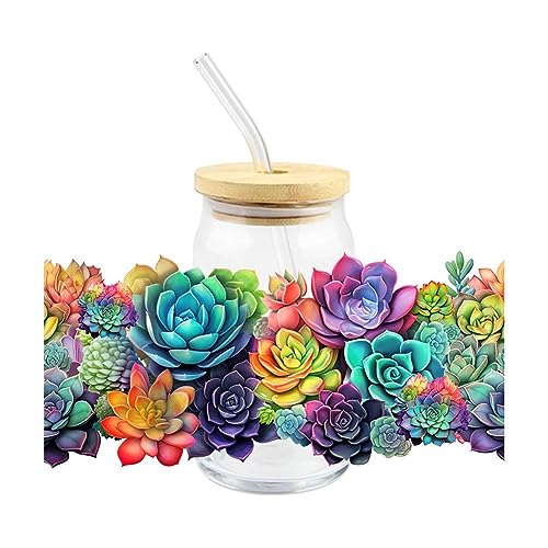 UV DTF Cup Wrap,Succulents Theme Rub on Transfers Decals,UV DTF Transfer Waterproof Sticker for Glass Coffee Cups,Vintage Cups Wrap Transfer Stickers Decals