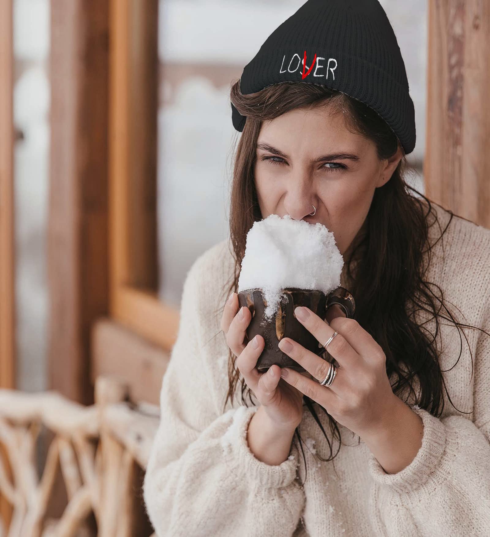 jiaozhen Cuffed Beanie Hats for Women, Knitted beanieie - Unisex Embroidery Skull Cap, Warm Hats,Lightweight Beanies Black