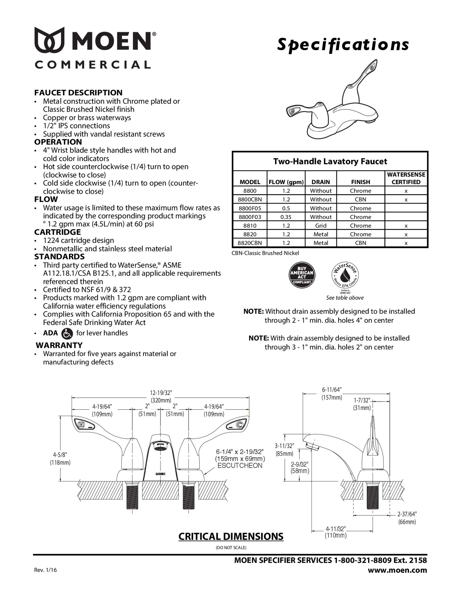 Moen Commercial M-Bition Chrome Two-Handle Centerset Bathroom Faucet 1.5 GPM, Single Mount Lavatory Sink Faucet, 8800