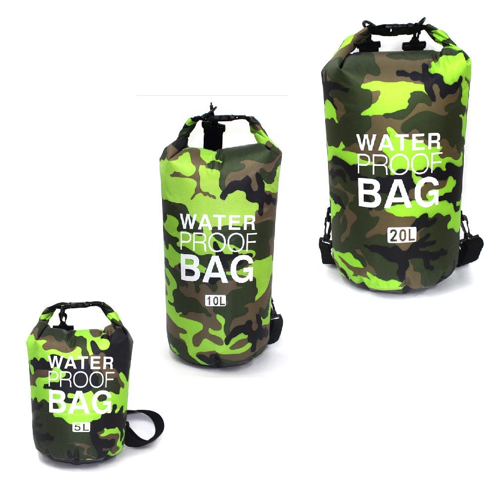 HYCOPROT Waterproof Dry Bag 5L/10L/15L, Floating Waterproof Backpack with Single Double Shoulder Strap Camo Rucksack for Kayaking Swimming Boating Fishing Travelling Camping Outdoors (10L, Green)