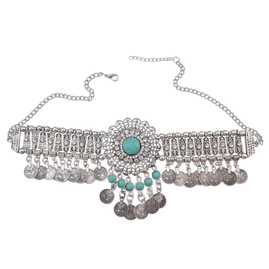 idealway Retro Boho Tribal Tassel Collar Bib Chain Chunky Pendant Statement Necklace Choker for Women (Silver)
