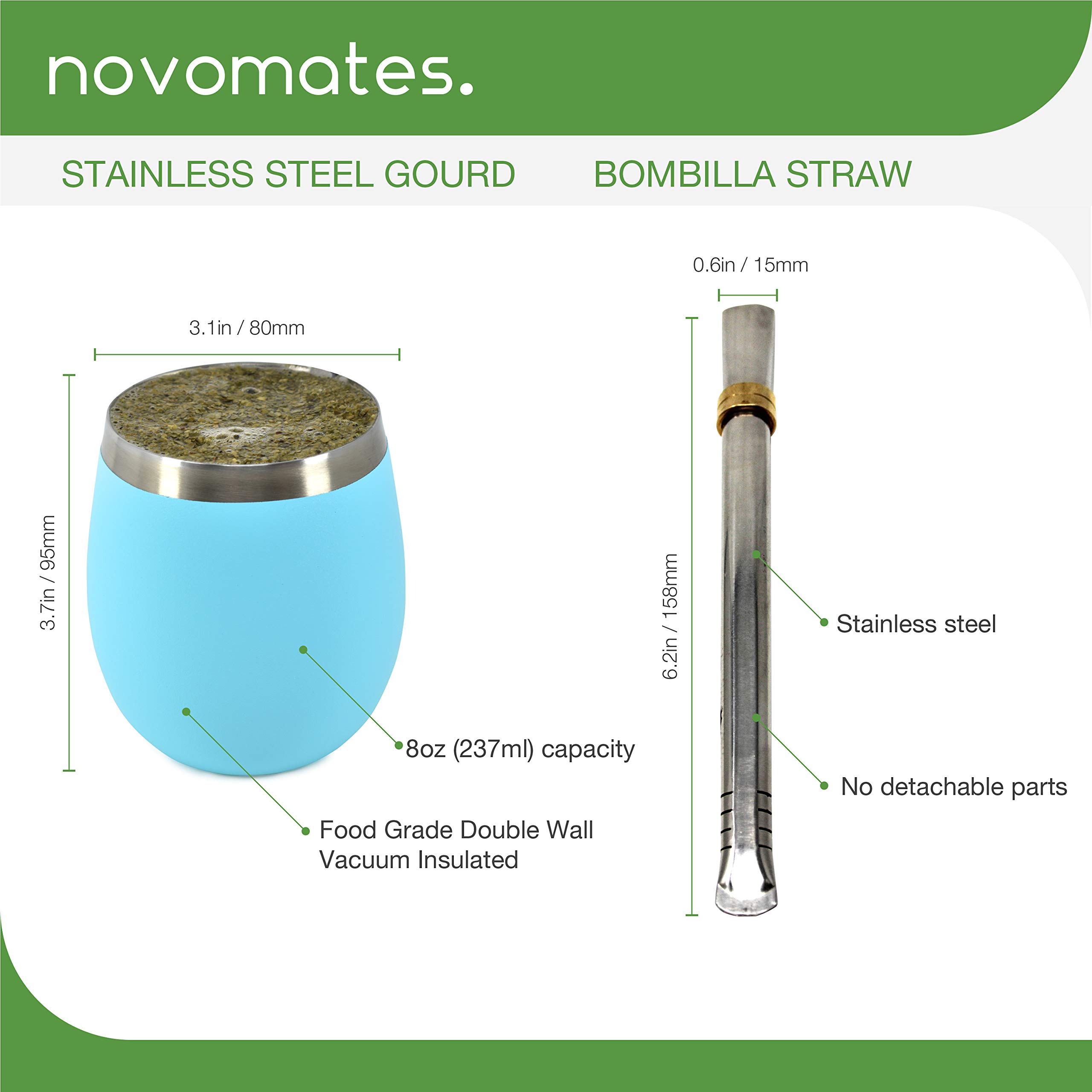Novomates Yerba Mate Kit Including Double Wall Stainless Steel Mate Tea Cup and Mate Straw β Yerba Mate Cup and Bombilla Mate - Yerba Mate Gourd - Bombilla Mate and Mate Tea Cup 8oz (237ml) (Teal)