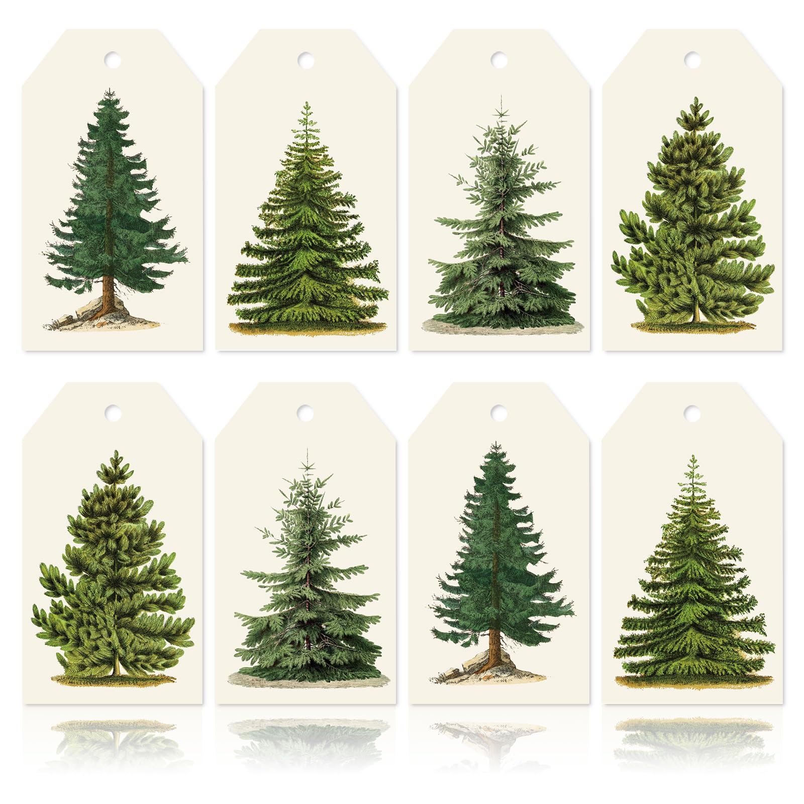 Whaline 120Pcs Christmas Tree Gift Tags with Rope Vintage Green Beige Paper Tags Xmas Winter Hanging Labels for Gift Wrapping DIY Crafts, 4 Designs
