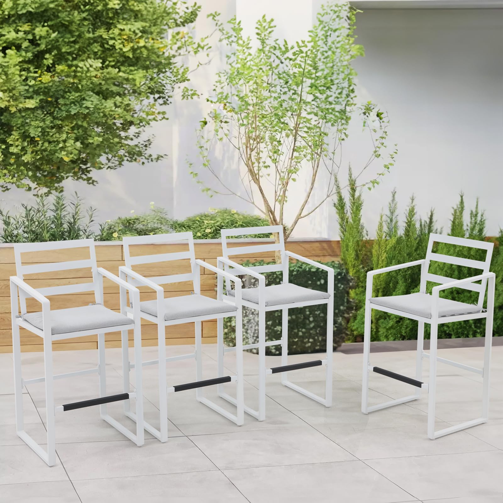 SUNSITT Outdoor Bar Stools Set of 4, All-Weather Aluminum Barstools Bar Height Patio Chairs w/Cushions & Footrest for Backyard Balcony Pool Lawn, White