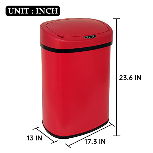 Trash Can 50 L Large Capacity Garbage Can with Lid 13 Gallon Touchless Stainless Steel Rubbish Can for Kitchen Bedroom (RED)