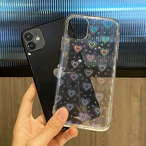 SmoBea Compatible with iPhone 12 Mini Case, for Laser Glitter Bling Heart Soft & Flexible TPU and Hard PC Back Shockproof Cover Women Girls Heart Pattern Phone Case (Rainbow Heart/Clear)