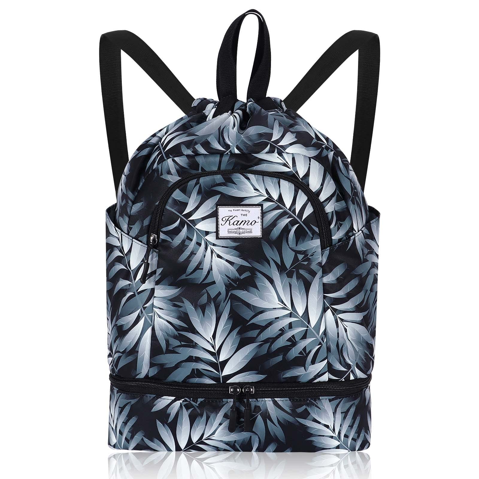 Kamo Drawstring Backpack Bag - Sport Swimming Yoga Backpack with Shoe Compartment, Two Water Bottle Holder for Men Women Large String Backpack Athletic Sackpack for Travel