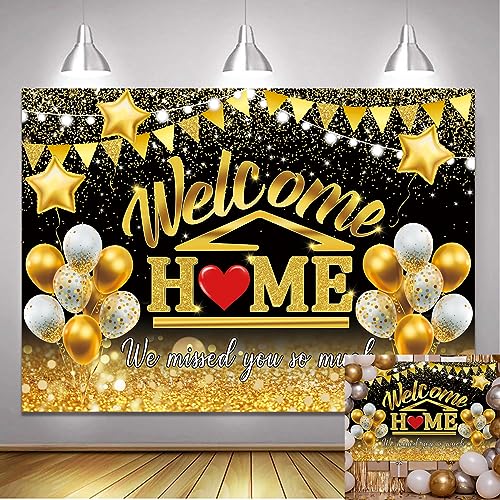 Welcome Back Backdrop Home Decorations Black Gold Homecoming Welcome Party Decor Banner We Missed You So Much,for Family Party Military Homecoming Returning Party Supplies (7x5)