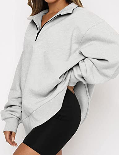 NOMMO Women's Slim Fit Half Zip Sweatshirt Quarter Zip Long Sleeve Drop Shoulder Pocket Pullover Sweatshirt Top 3XL Grey