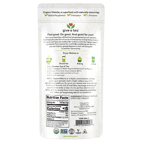 NOW Foods, Certified Organic Matcha Green Tea Powder, Non-GMO Project Verified, 3-Ounce