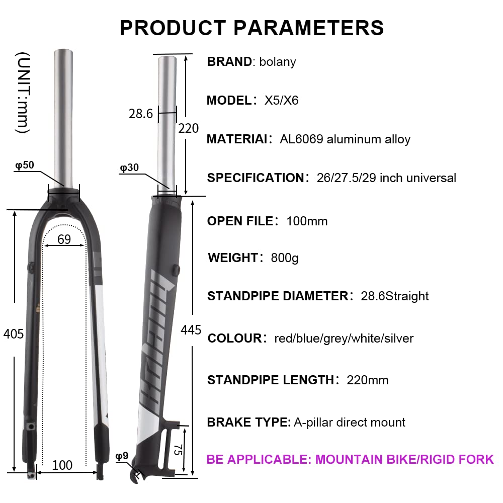 NA [US Spot] 1-1/8" Full Aluminum Alloy 26/27.5/29" Rigid Disc Brake MTB Fork, 28.6mm Threadless Taper Tube Ultra Light MTB Fork (X6-Black/White)
