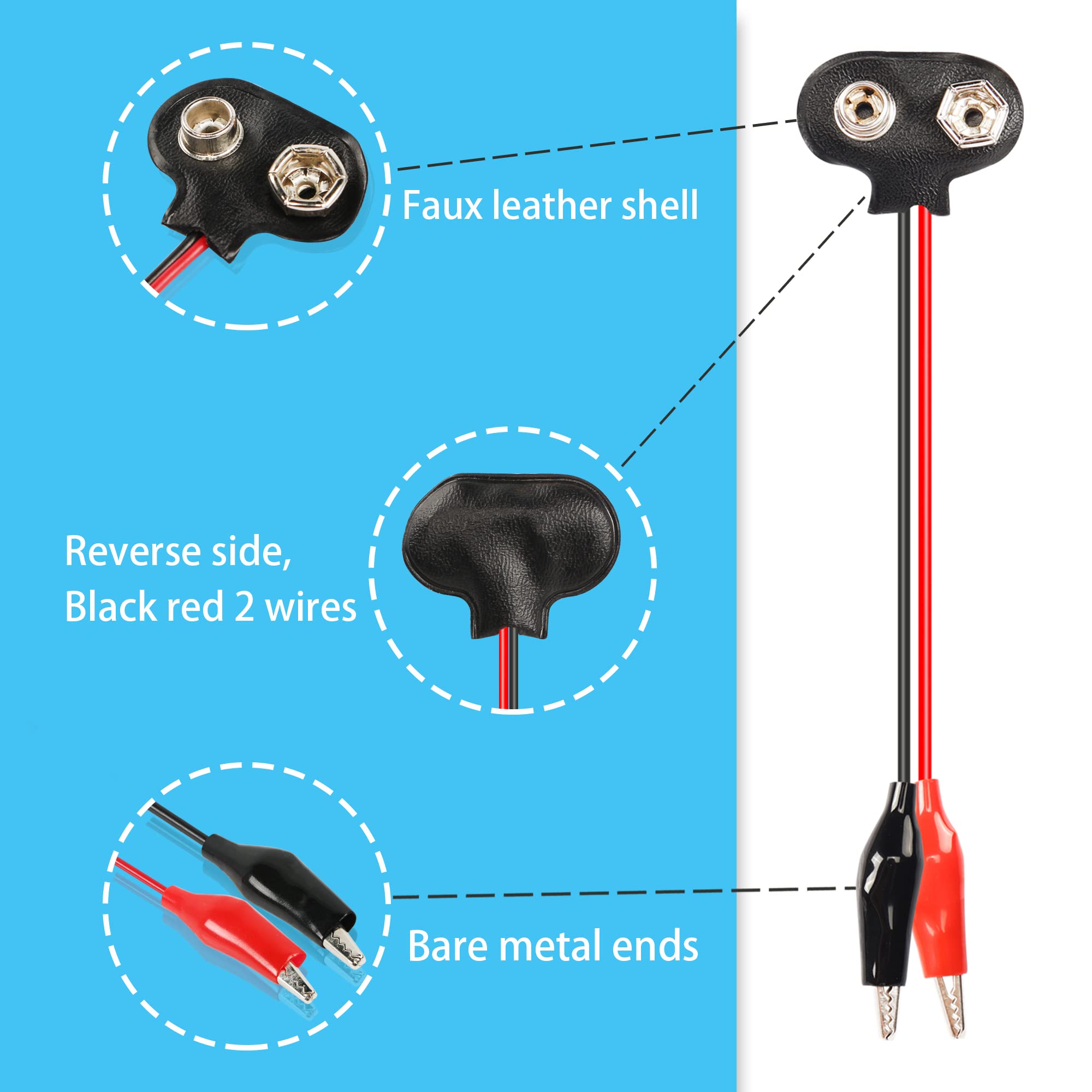 PNGKNYOCN 9V Battery Snap to Alligator Clips Cable,5 Pack Dual Alligator Clips to 9V Battery Snap Connector Cables(15cm)
