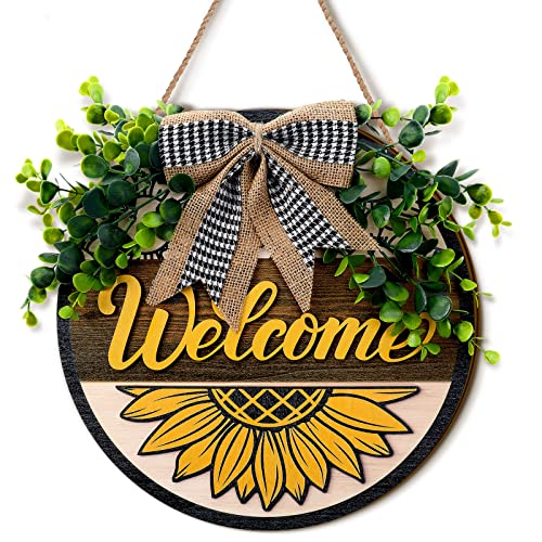 Sunflower Welcome Sign for Front Door Porch Decor Farmhouse Rustic Wreath Wall Decor with Buffalo Bow Round Wood Welcome Door Sign Hanger for Home Garden Kitchen Restaurant Shop, 12 x 12 Inches