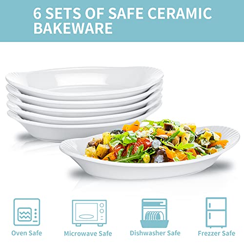 NJCharms Oval Au Gratin Baking Dishes for Oven Safe and Microwave Cooking, White Porcelain Small Mini Casserole Dish, 9 Inch, Set of 6