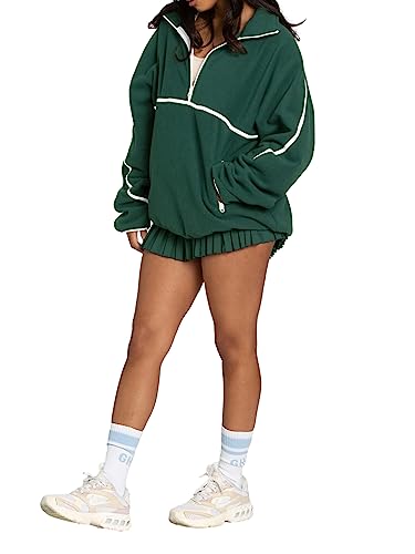 VNIRA Women’s Oversized Sweatshirt Fleece Crew Neck Long Sleeve Half Zip Casual Pullover Hoodie Tops Fall Y2K Clothes Deep Green