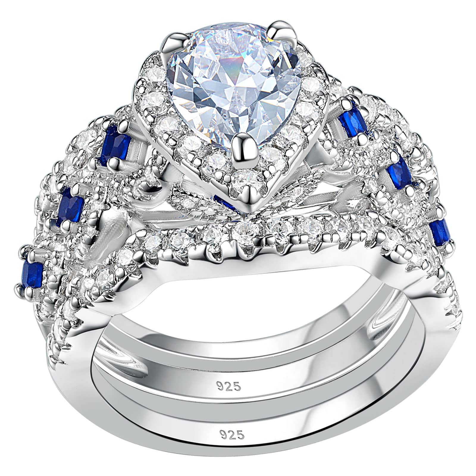 Newshe Engagement Wedding Ring Set 925 Sterling Silver 3pcs 3.0ct Pear Shape White Cz Blue Gemstone Size 7