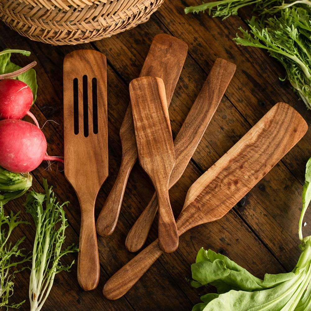 Jinxiao Wood Spurtles Kitchen Tools Set with Holders,5 Pcs Natural Teak Wooden Utensils for Non Stick Cookware and Instant Pot For Steak,Salad,butter.