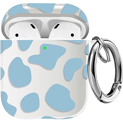 Valkit Cute Milk Cow Pattern Soft TPU Protective Case Skin Portable & Shockproof Women Girls with Keychain for Apple Airpods 2/1 Charging Case (Hollow Light Blue Cow