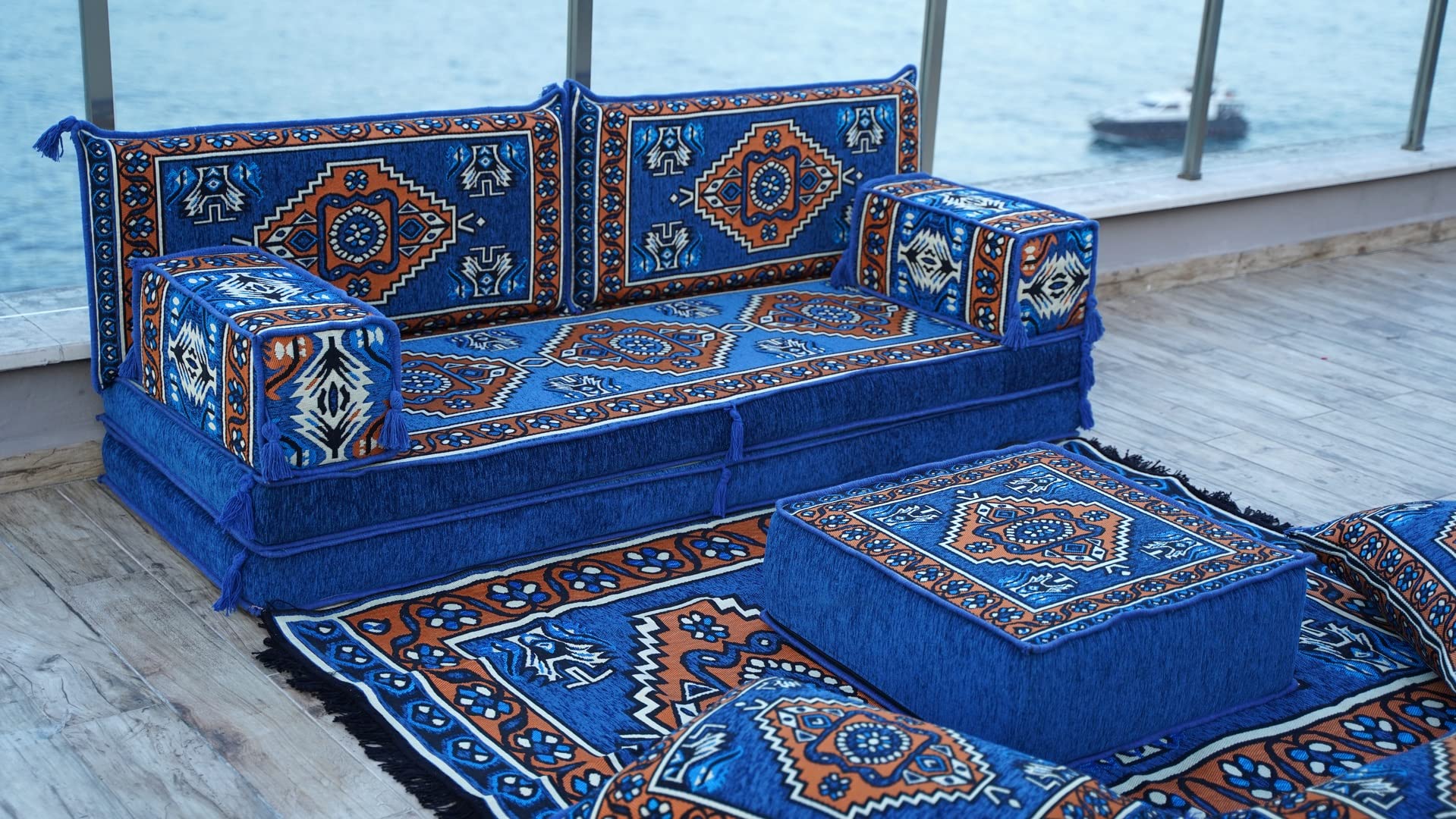 Royal Blue 8" Thickness Arabic Floor Sofa, Meditation Yoga Loveseat, Sectional Sofa, Arabic Majilis, Healing Room Floor Cushion, Sofa Covers (Sofa Full Set)
