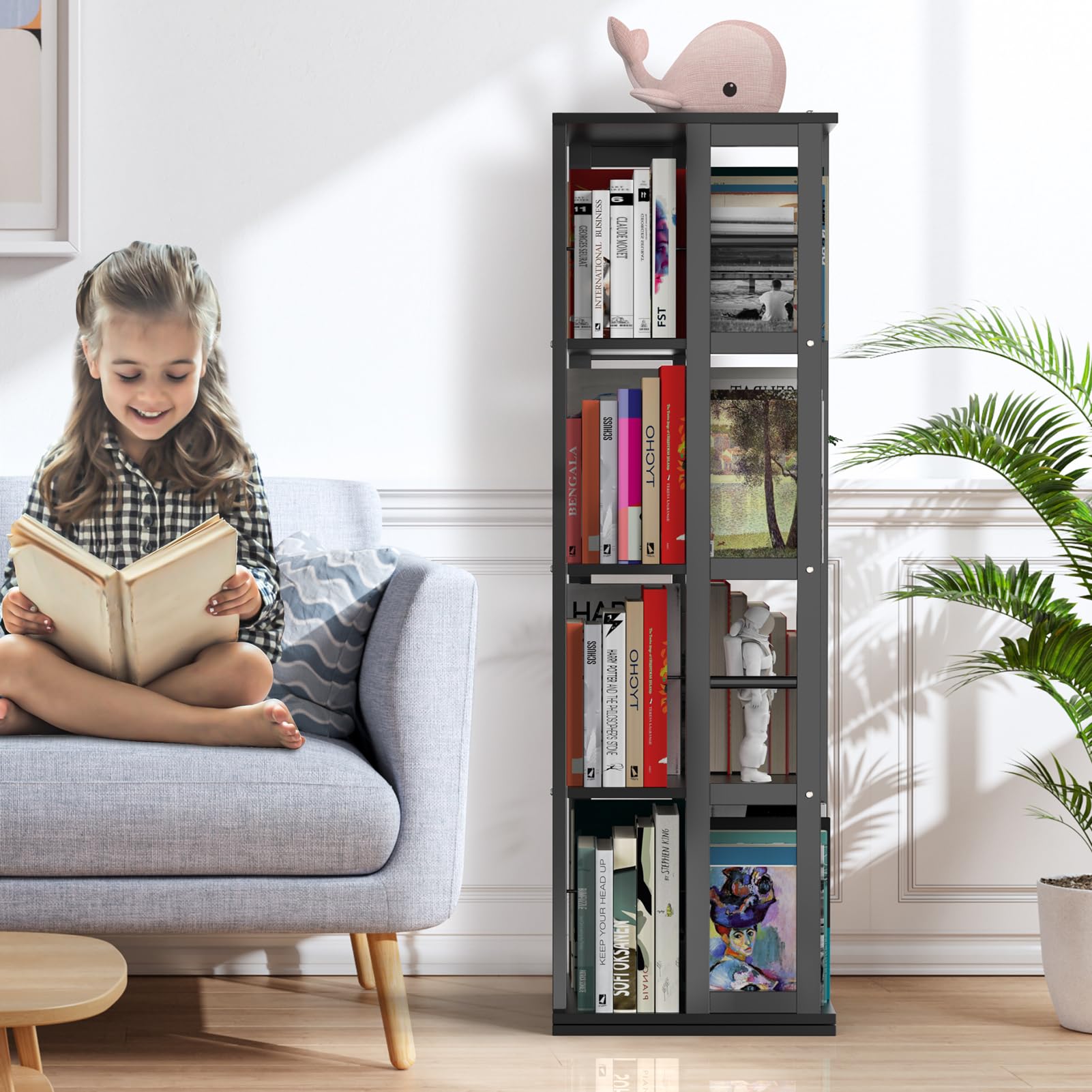 ZORA-KING Rotating Bookshelf, 360 Display Spinning Bookshelf, 4 Tier Floor Standing Bookcase Storage Rack for Kids&Adults, Narrow Shelf Revolving Bookcase for Small Space, Living Room, Study Room