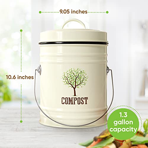 Third Rock - 1.3 Gallon Farmhouse Kitchen Compost Bin - Beige - with 3 Years Supply of Charcoal Filter Replacements