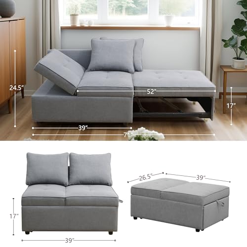 UOCFYK Sleeper Sofa, 4-in-1 Convertible Ottoman Couch Bed, Modern Sackcloth Futon Sofa Bed with 2 Pillows Adjustable Backrest, Recliner Folding Loveseat for Living Room, Apartment Dorm, Office,Grey