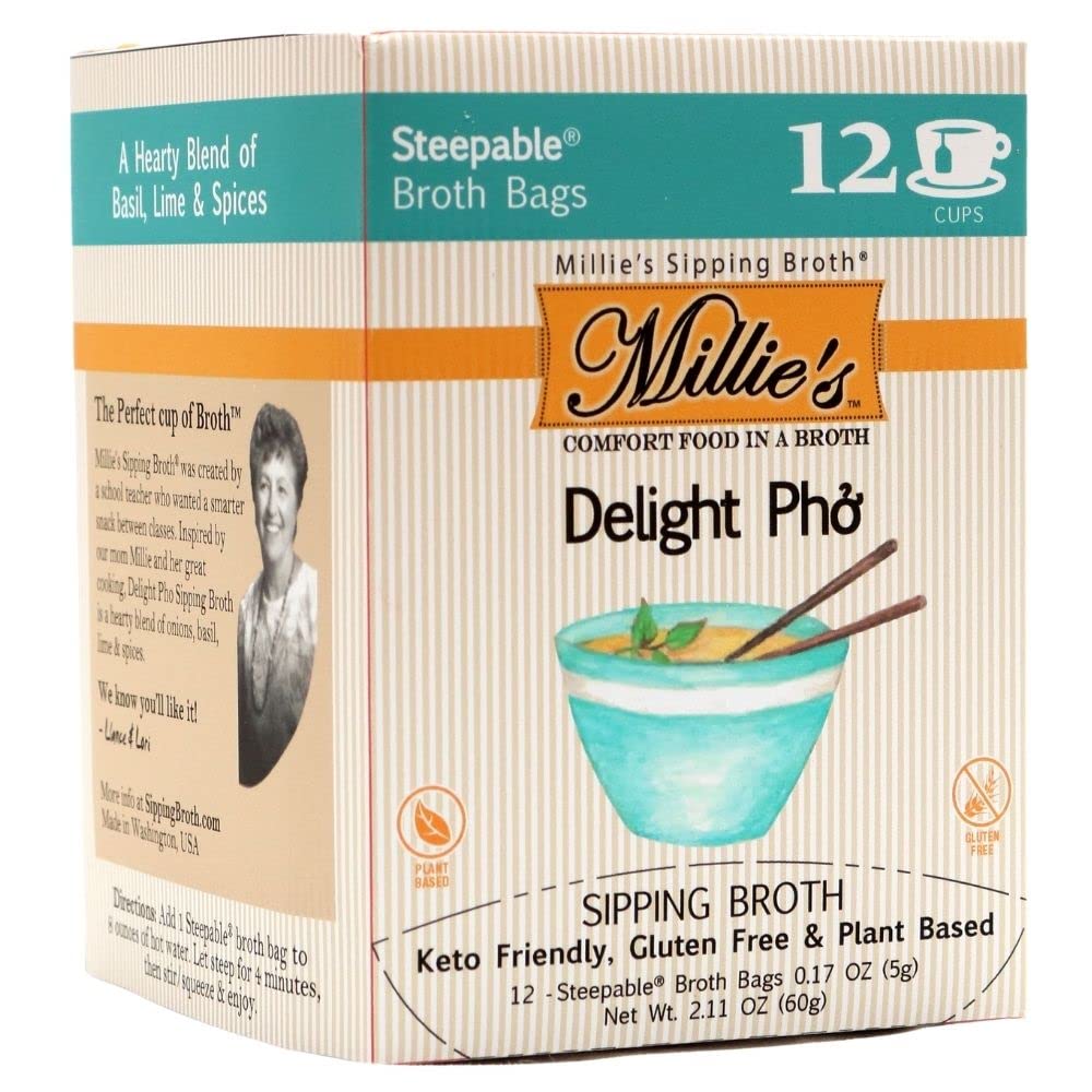 Millie’s Sipping Broth - Vegetable Broth -Natural-Gluten Free-Keto Friendly Delight Pho 12 Count Box