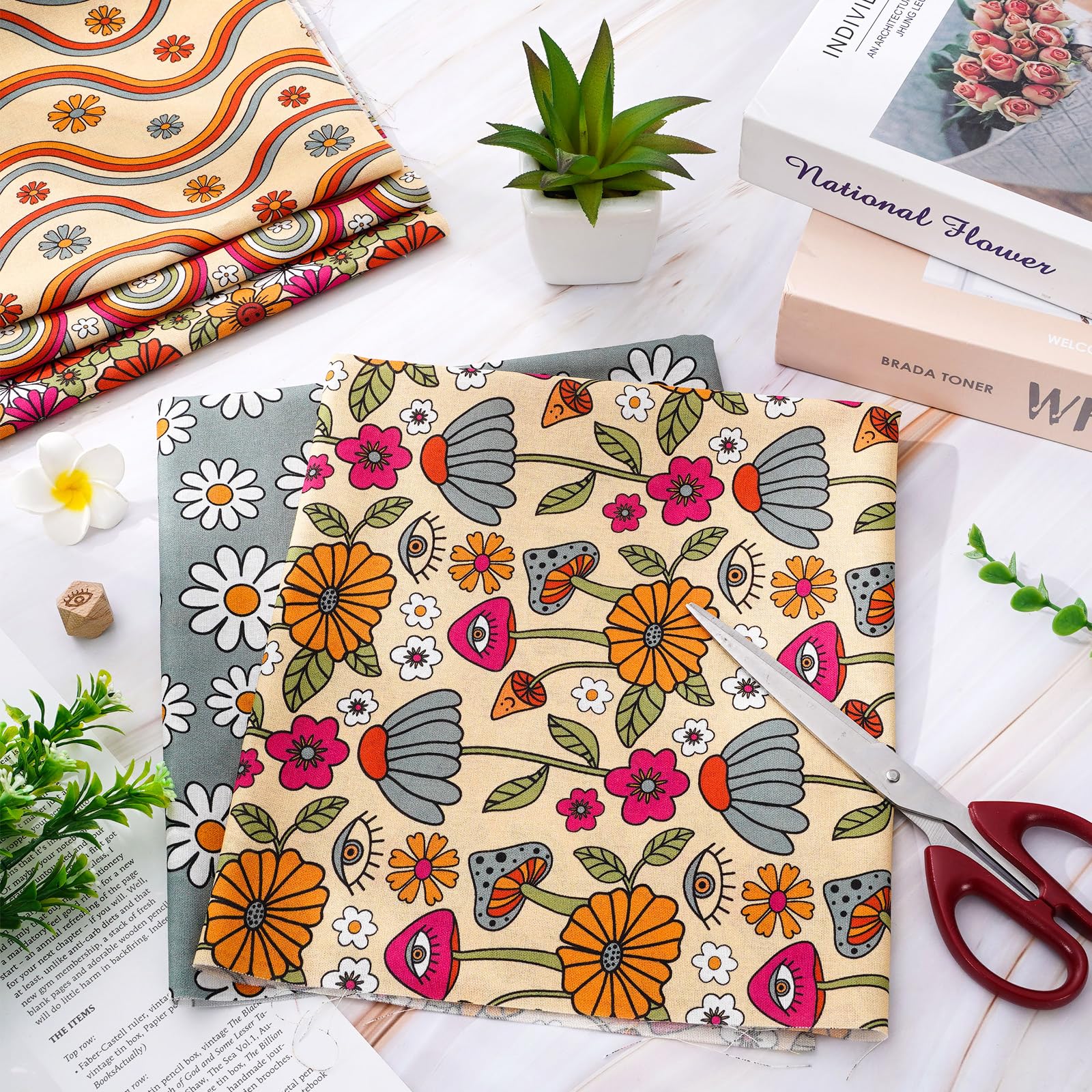 Whaline 12Pcs Retro Floral Cotton Fabric Bundles Rose Pink Boho Flower Rainbow Fat Quarters Groovy Hippie Quilting Patchwork for DIY Handmade Crafting, 18 x 22 Inch