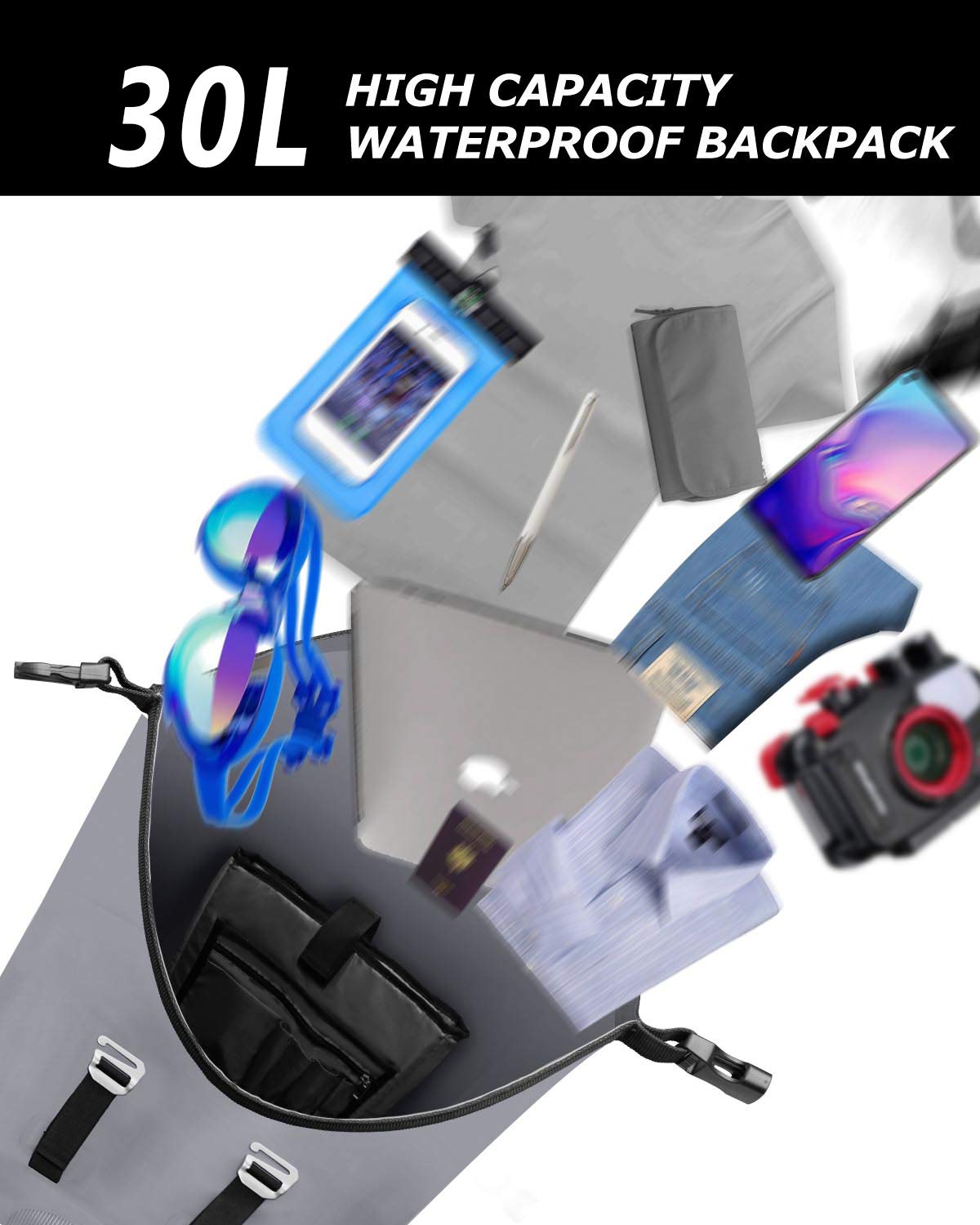 IDRYBAG Waterproof Backpack Dry Bag 30L, Dry Backpack Bags Waterproof for Women Men, Dry Sack Waterproof Bag for Kayaking, Canoeing, Floating, Boating, Rafting, Hiking, Camping