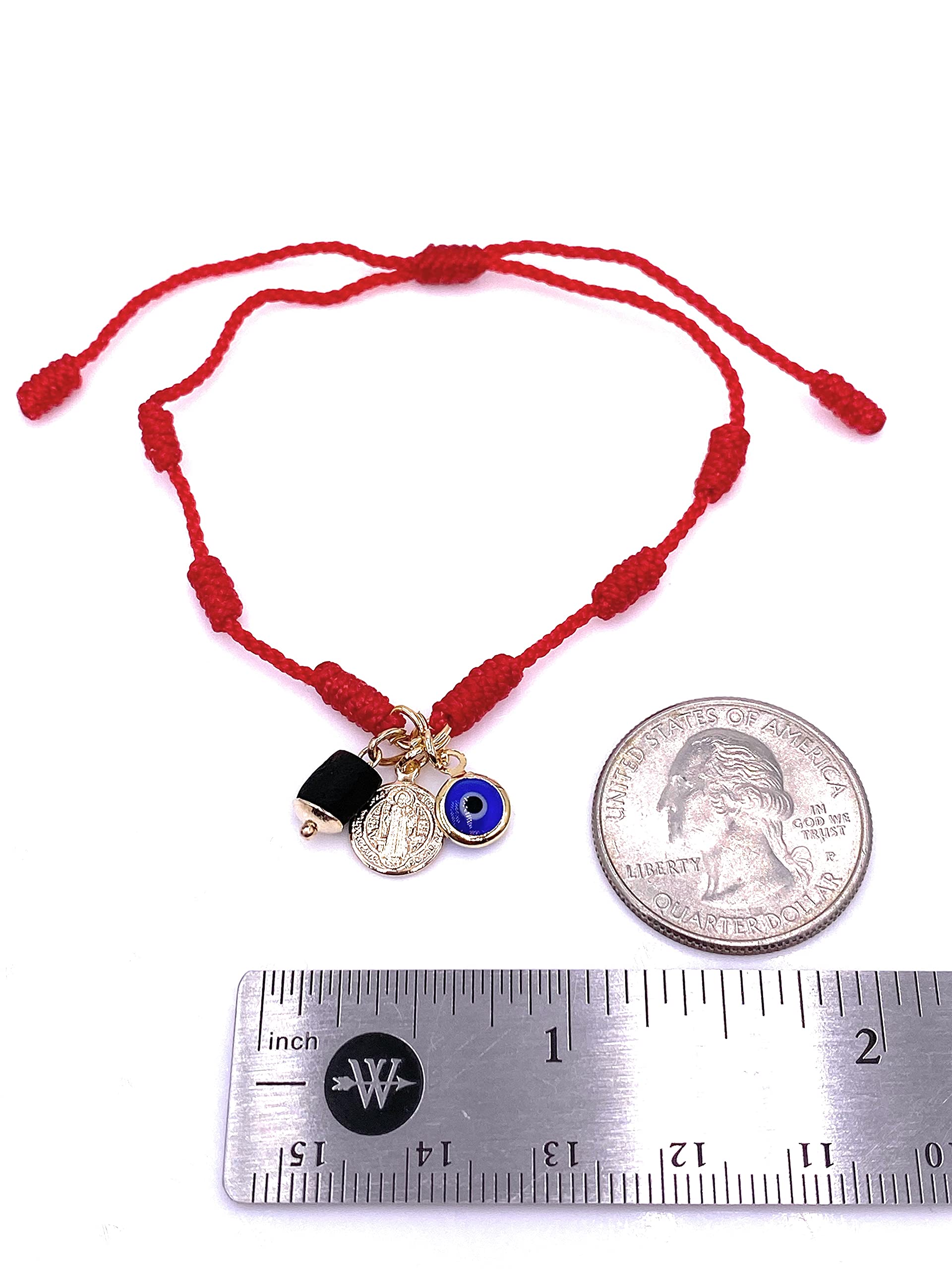LESLIE BOULES Red Thread Saint Benedict Bracelet Blue Evil Eye & Genuine Azabache Stone Pendants Handmade Jewelry