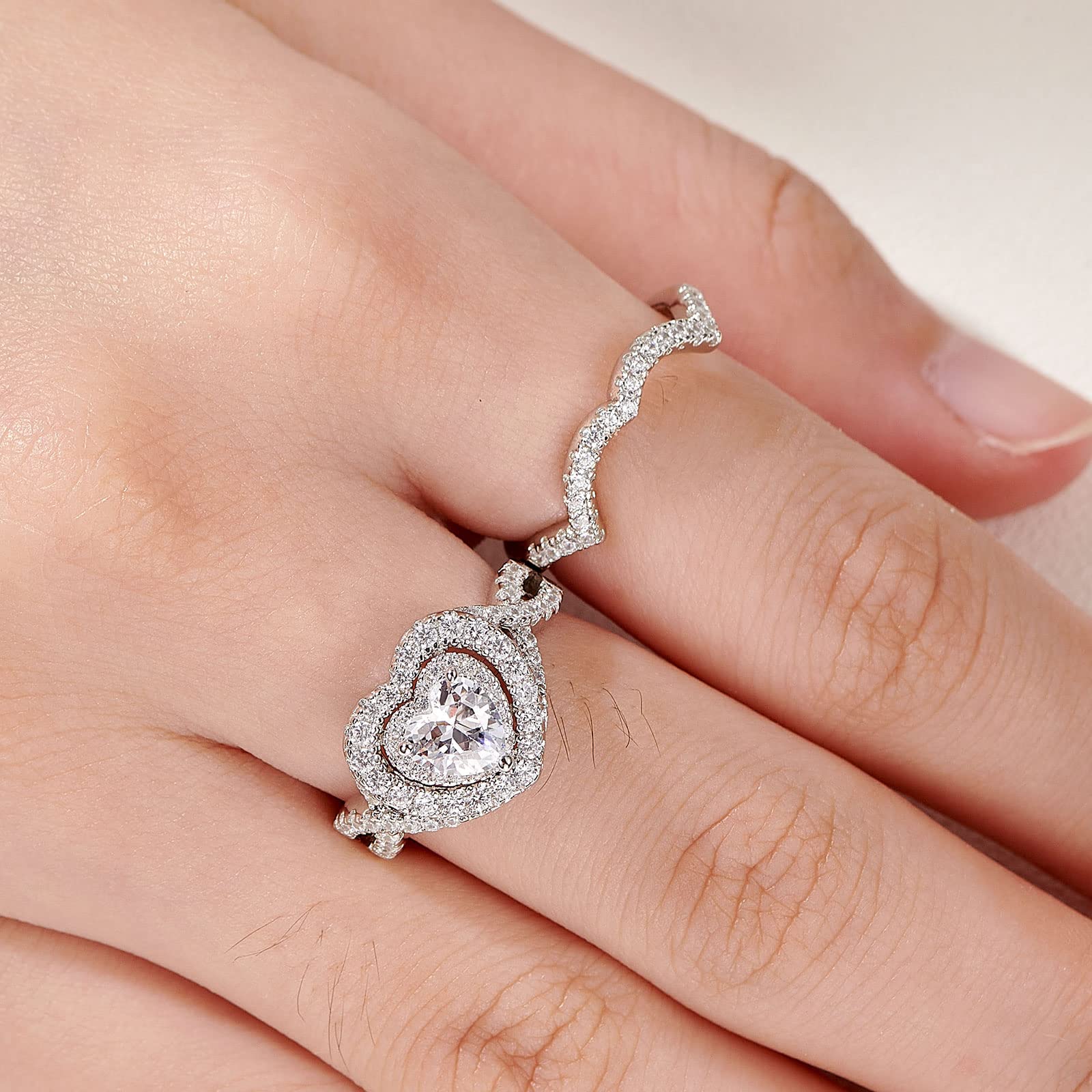 Newshe Wedding Rings for Women Engagement Ring Sets Sterling Silver Cz Pear Teardrop Oval Shape Size 4-13 (Heart Shape, 5)