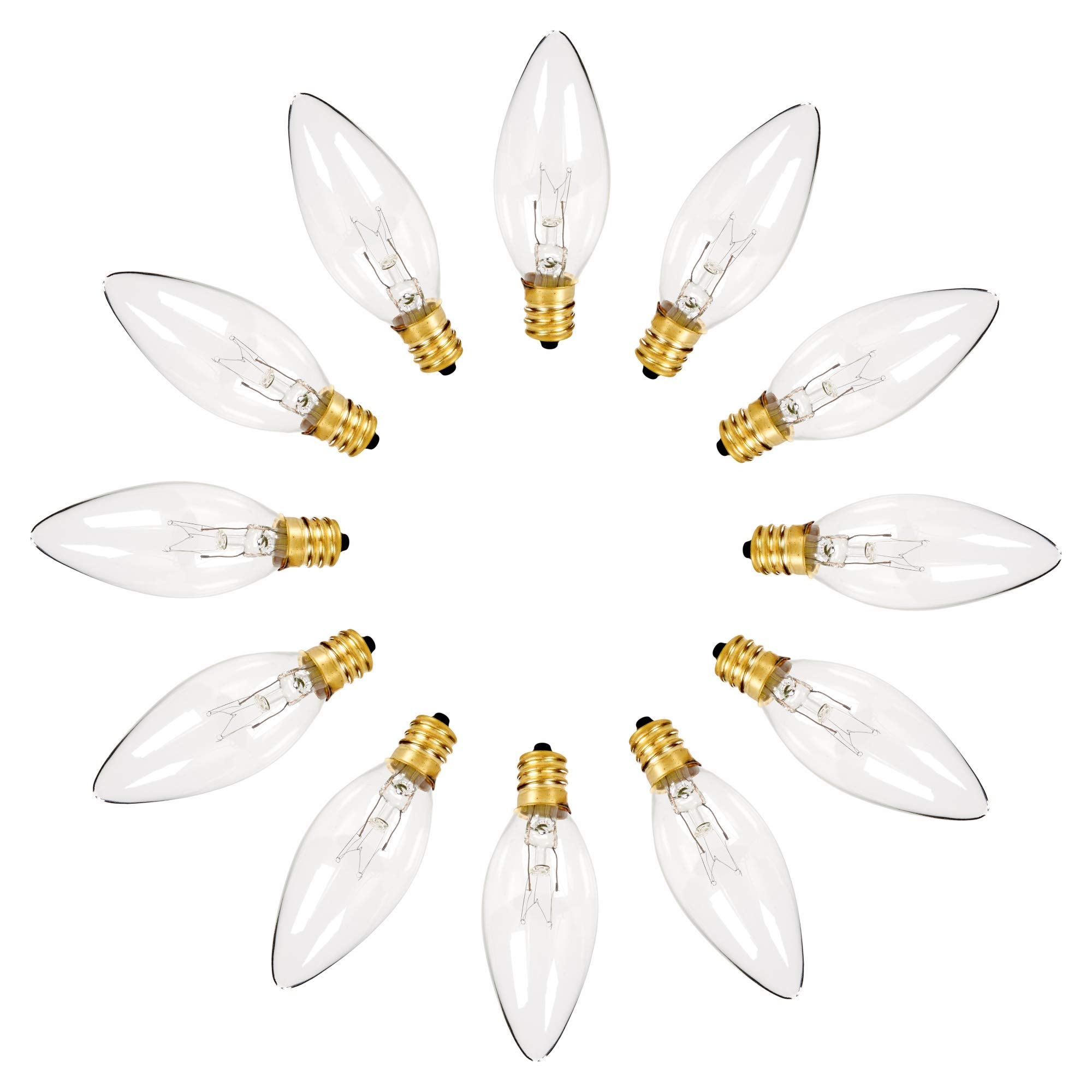 Holiday Joy - Crystal Clear Torpedo Tip Candelabra Replacement Bulbs - Great for Electric Window Candle Lamps - 7W - 120 Volts - E12 (12 Pack)