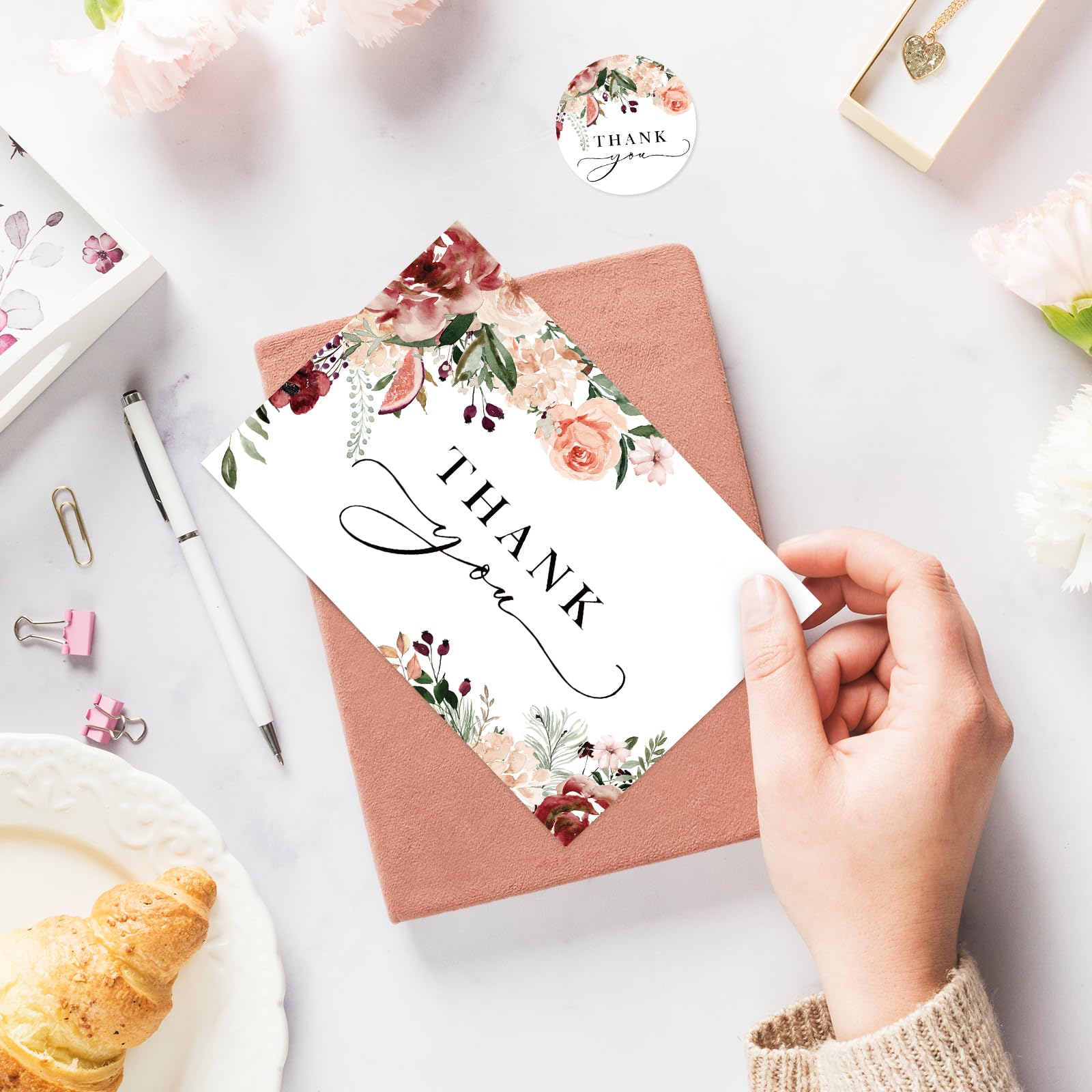 Whaline 24 Pack Floral Thank You Cards Bulk Watercolor Flower Thank You Note Cards with Envelopes Stickers for Fall Wedding Bridal Shower Birthday Invitation