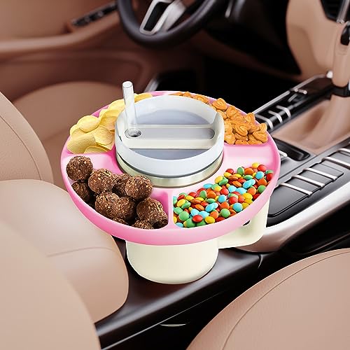 Snack Tray for Stanley 40 oz Tumbler with Handle, Upgrade Silicone Reusable Snack Bowl with 4 Compartments, Snack Bowl for Stanley Cup 40oz with Handle, Snack Tray for Stanley Cup Accessories (Pink)