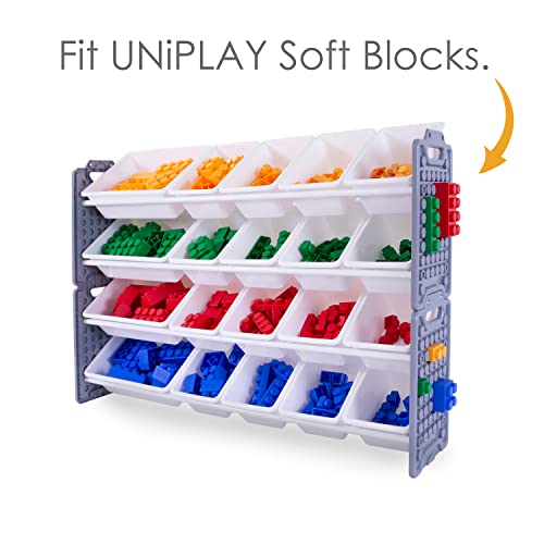 UNiPLAY Toy Organizer with 20 Removable Storage Bins, Multi-Bin Organizer for Books, Building Blocks, School Materials, Toys with Baseplate Board Frame (Gray)
