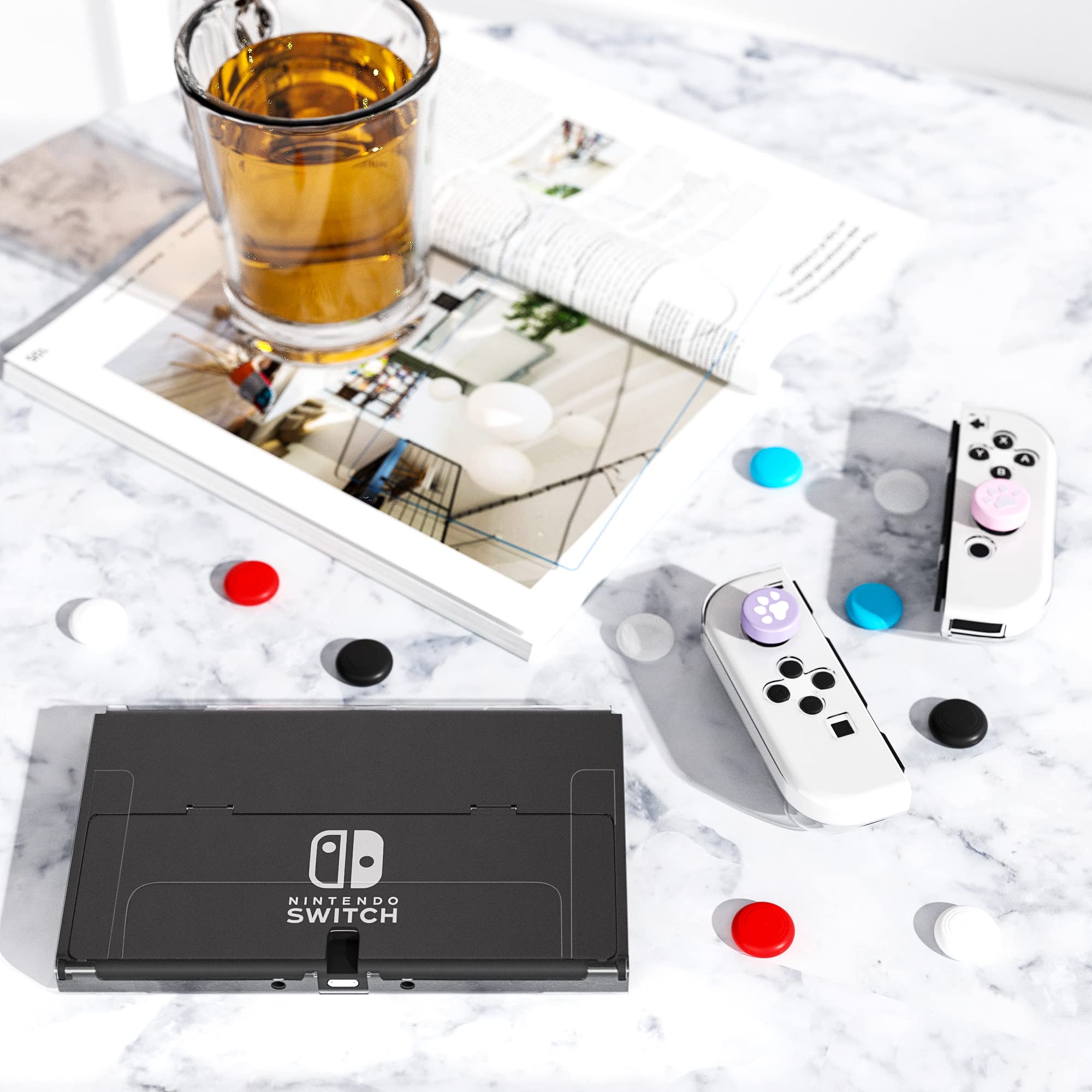 LASTYAL Flip Clear Case Compatible with Nintendo Switch OLED, Hard Console Protective Case and Grid Pattern TPU Shell for Joycon Controller with Screen Protector and 12 Thumb Grip Caps