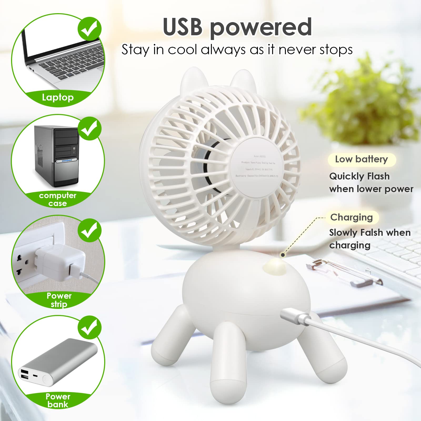 ikiu 8 Inch Small Rechargeable Mini Desk Fan with Rotating Head 13 Hours Usage,Cute Dog-Shape 4 Speeds Small Desk Fan for Home/Desktop/Office,White