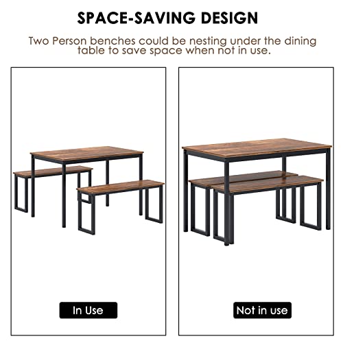 SogesHome 3-Piece Kitchen Dining Room Table Sets, 45ββ Table and 2 Benches for 4, Space-Saving Table Set for Restaurant, Coffee Shop, Living Room, Small Space