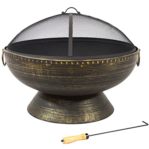 Sunnydaze 30-Inch Fire Pit Bowl with Spark Screen, Fireplace Poker, and Metal Grate - Black High-Temperature Paint Finish