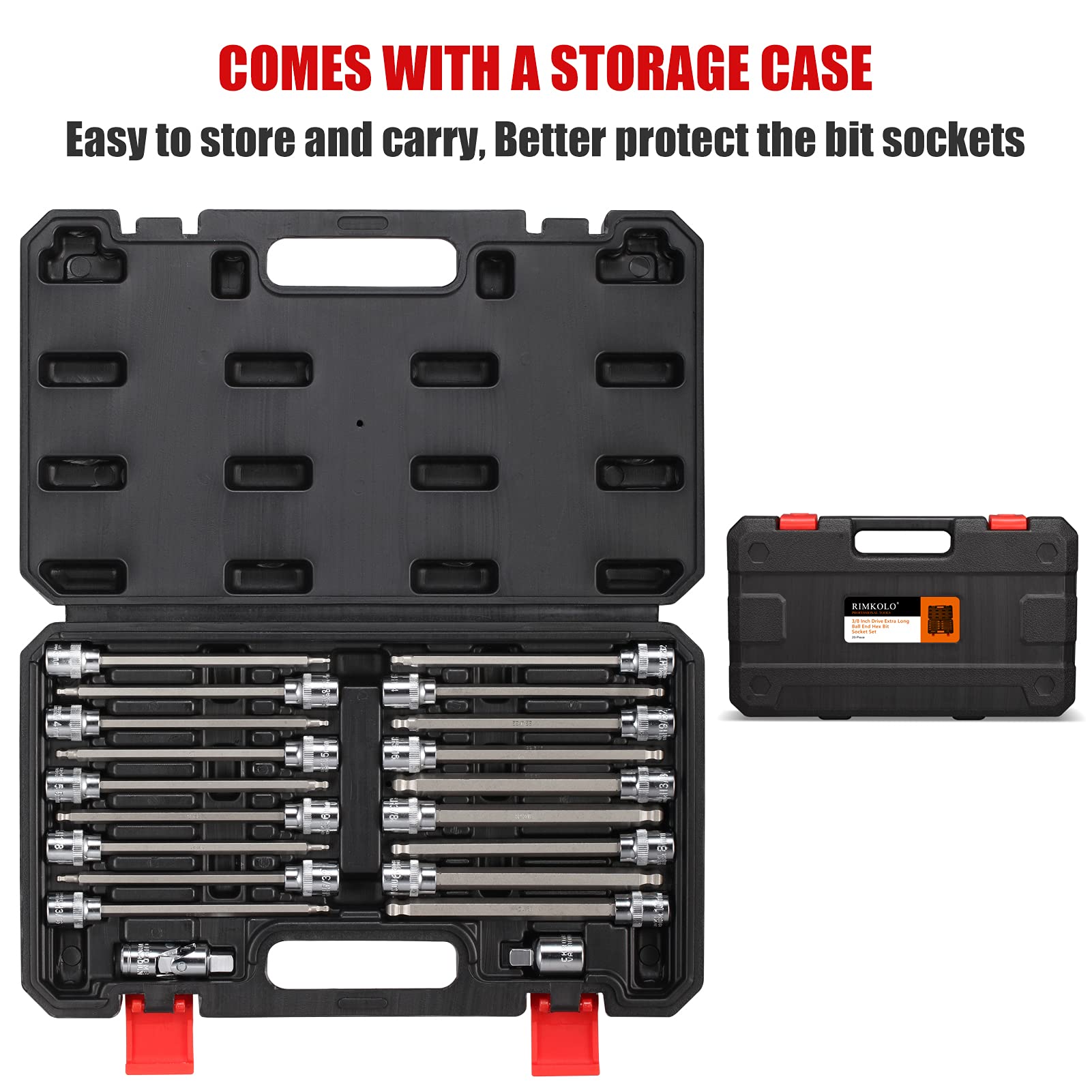 RIMKOLO 3/8 Inch Drive Long Ball End Hex Bit Socket Set,20-Piece SAE & Metric Allen Socket Set 3mm to 10mm & 1/8-3/8 Inch S2 Steel Bits