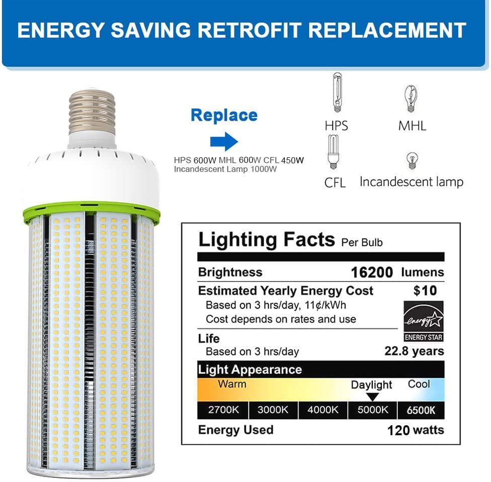 JESLED 120W LED Corn Cob Light Bulb, 5000K Daylight E26/E39 Mogul Base Corn Bulb Replacement Metal Halide HPS CFL HID Lamp for Large Area Lighting Warehouse Parking lot Canopy High Bay Light