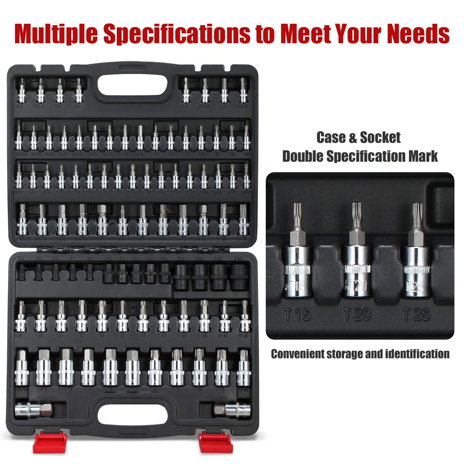 RIMKOLO 92-Piece Allen and Torx Bit Socket Set, 1/4" 3/8" and 1/2" Drive Torx/Tamper Proof Torx/Hex SAE & Metric Bit Set