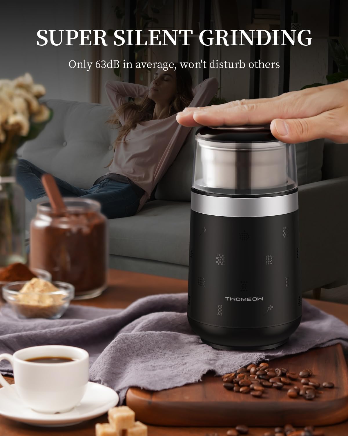 TWOMEOW Coffee Grinder, One Touch Spice Grinder Electric, Espresso Grinder, Coffee Bean Grinder with Removable Stainless Steel Bowl, Grain Mills for Spices, Herbs, Nuts, Black